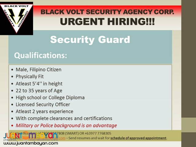URGENT HIRING! Security Guards for Davao based- newly opened office.