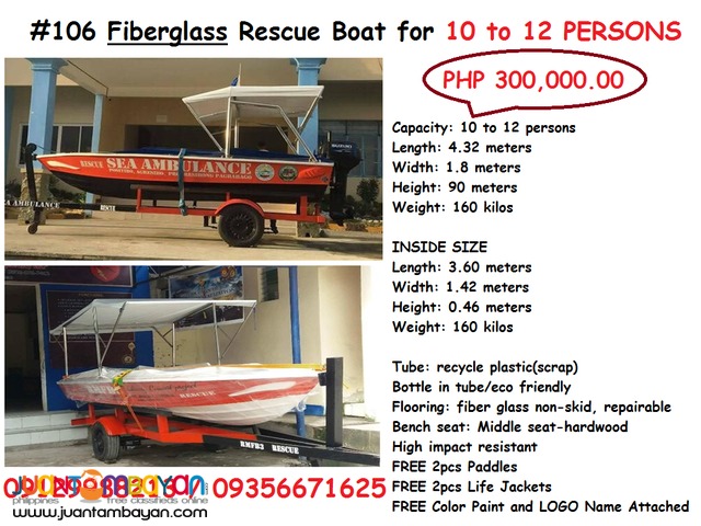 Fiberglass Rescue Boat for 10 to 12 Persons