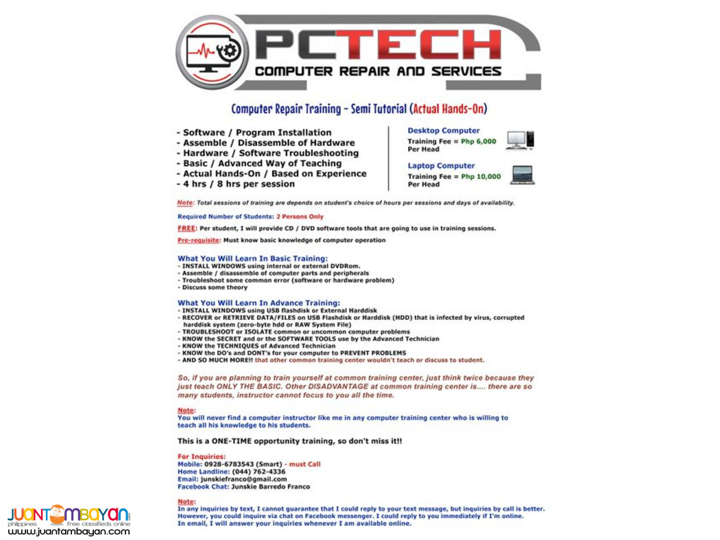 COMPUTER REPAIR TRAINING (Desktop / Laptop) - Basic and Advanced